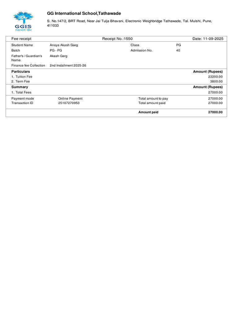 Generate Fee Receipt PDF | PDF