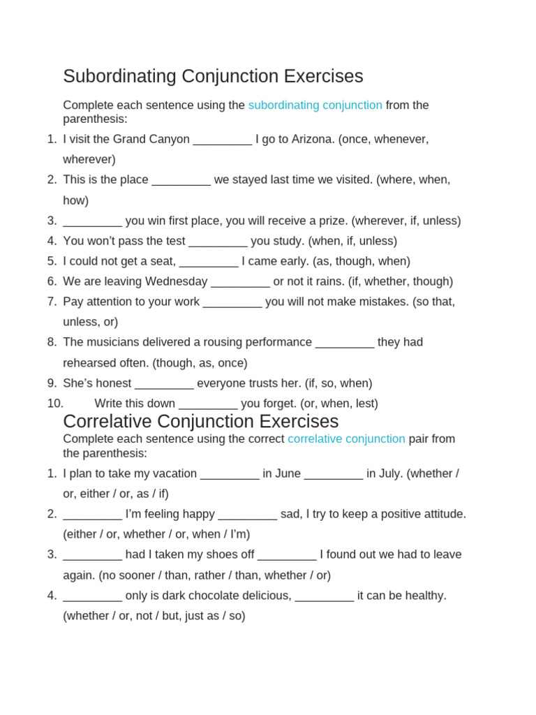Subordinating, Correlative, and Coordinating Conjunction Exercises ...