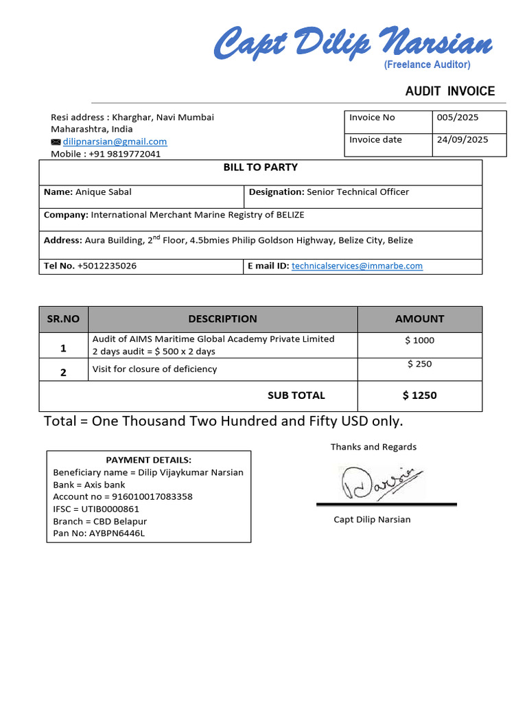 AIMS Audit Invoice Capt Dilip | PDF