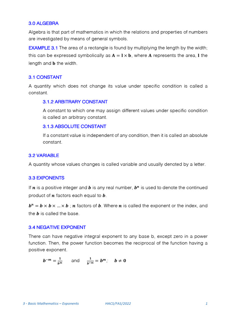 3 - Basic Mathematics - Algebra - Exponents | PDF