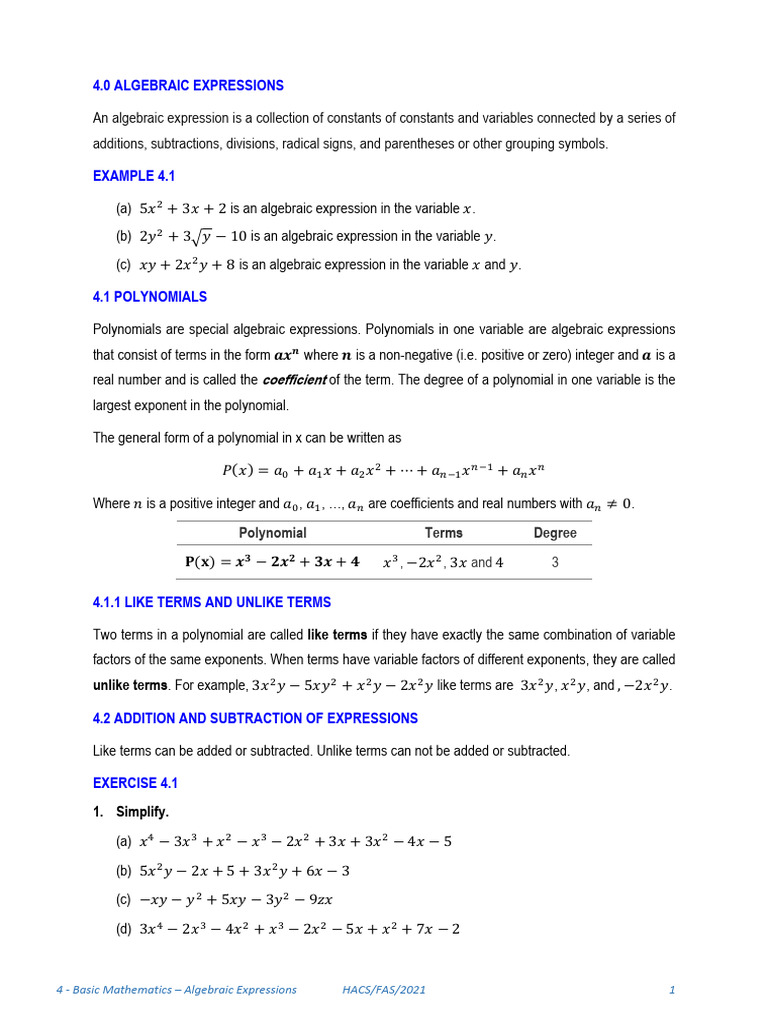 Algebraic Expressions and Polynomials | PDF | Factorization | Polynomial