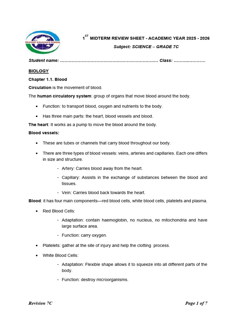 Grade 7C Science Midterm Review Guide | PDF | Lung | Respiratory System