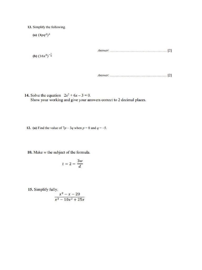 Revision On Algebra For Grade 9 | PDF