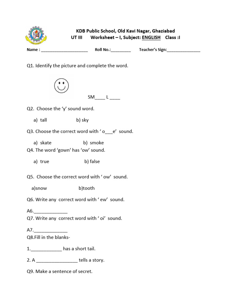 Class I English Worksheet for Kids | PDF