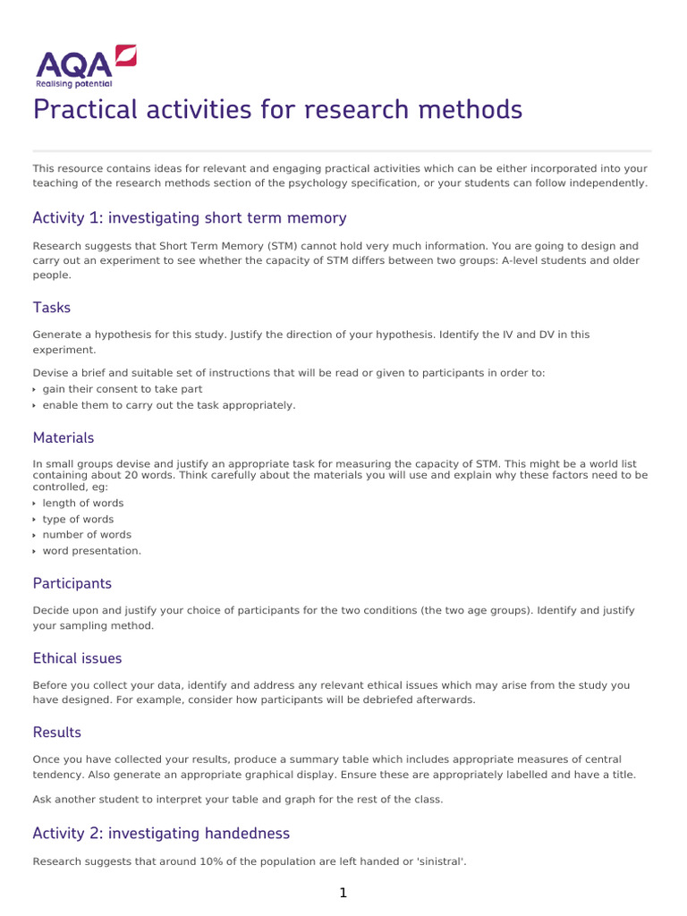 Practical Activities for Research Methods | PDF | Holism | Sampling ...
