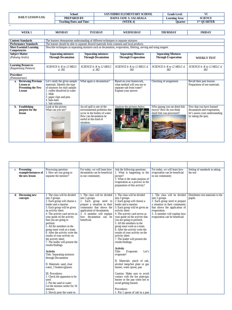 DLL - Science 6 Week 4 - q1 | PDF | Water | Liquids