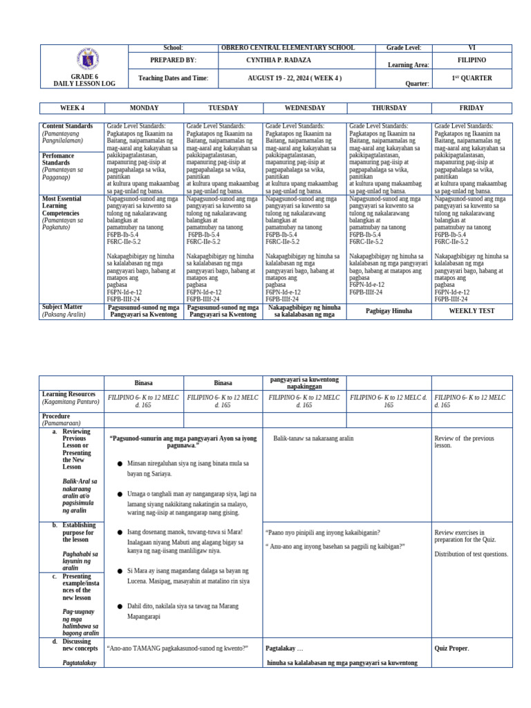 DLL - Filipino 6 Week 4 - q1 | PDF
