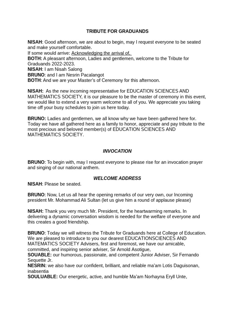 MC Script For Tribute 1 2 | PDF