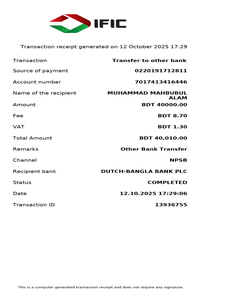 Transaction Receipt for Bank Transfer | PDF