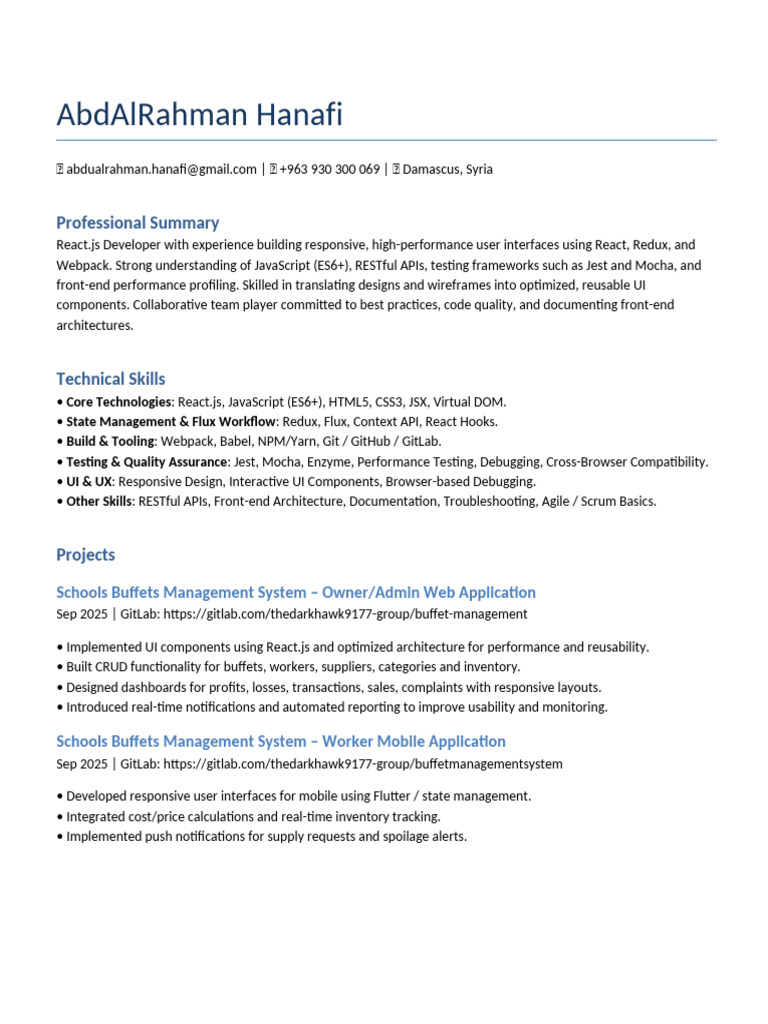 React.js Developer Resume - AbdAlRahman Hanafi | PDF | Systems ...