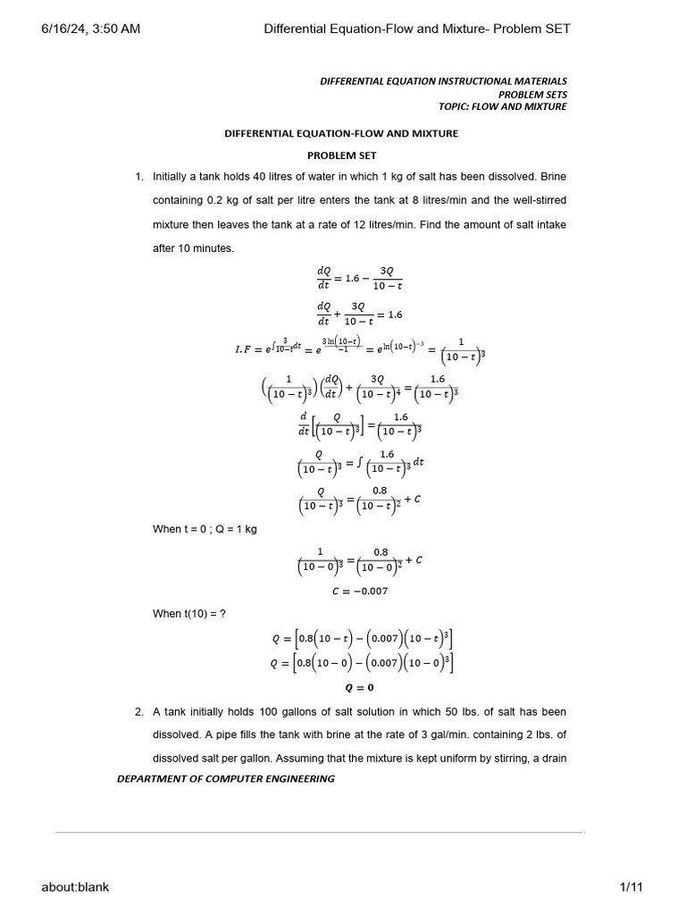 Salt Mixture Differential Equations | PDF | Salt