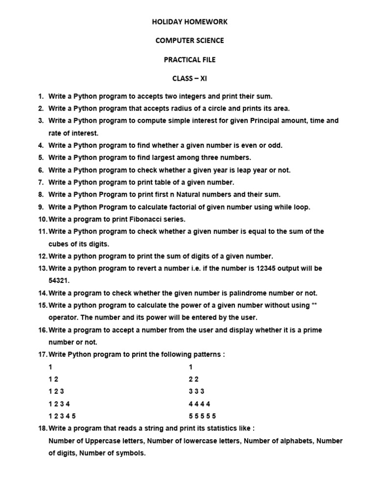 Holiday Homework Practicals Records Class Xi Cs | PDF
