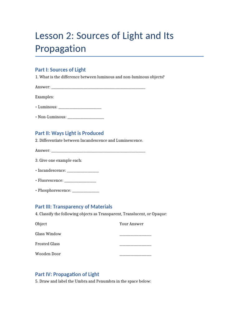 Light Worksheet | PDF