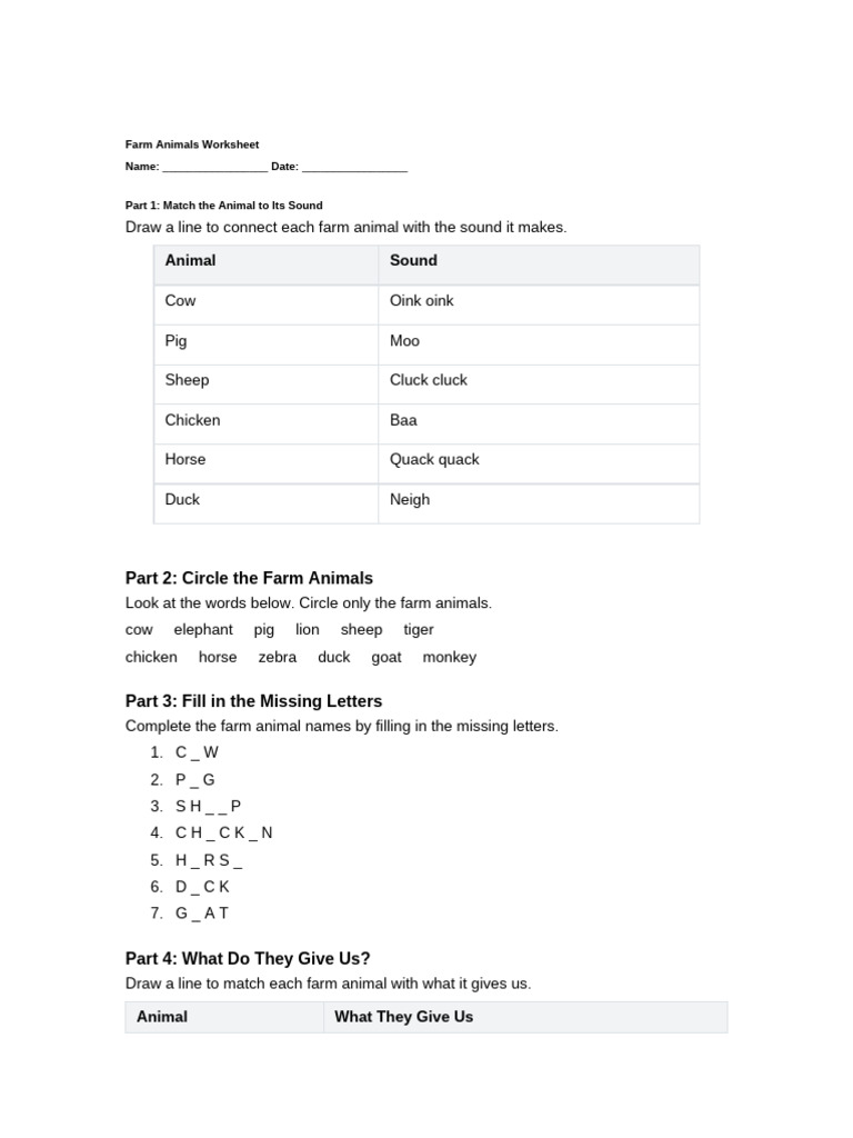 Grade 2 Farm Animals Worksheet | PDF