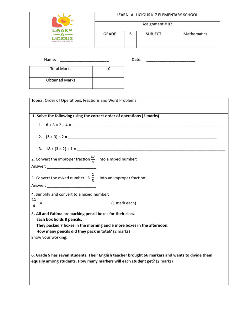 Grade5 Math Assignment2 16thoct. | PDF