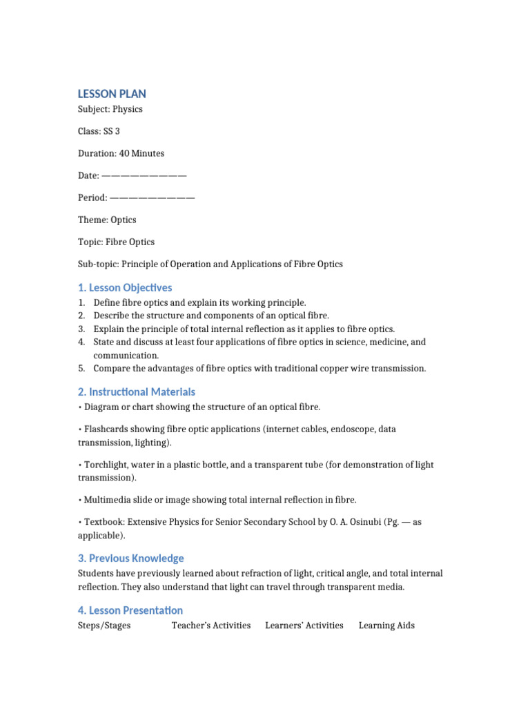 Fibre Optics Lesson Plan for SS 3 | PDF | Optics | Optical Fiber
