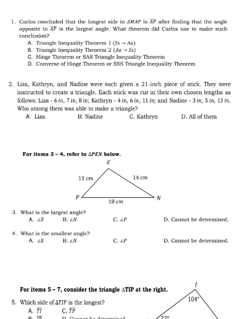 Quiz Math 8 Triangle Inequalities | PDF