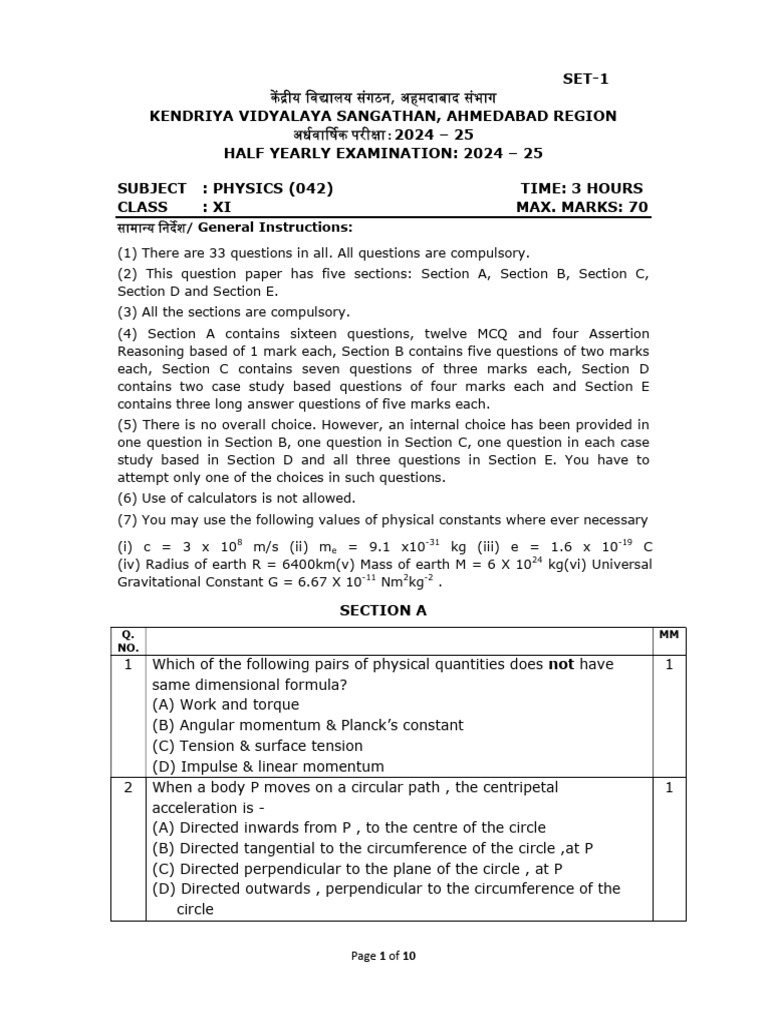 Physics Xi QP Hy 2024 25 Set 1 | PDF | Velocity | Acceleration