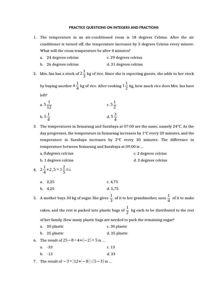 Integer and Fraction Practice Questions | PDF | Celsius