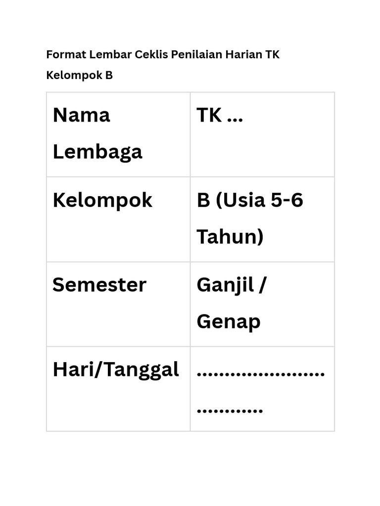 Format Lembar Ceklis Penilaian Harian TK Kelompok B - 20251008 - 052037 - 0000 | PDF