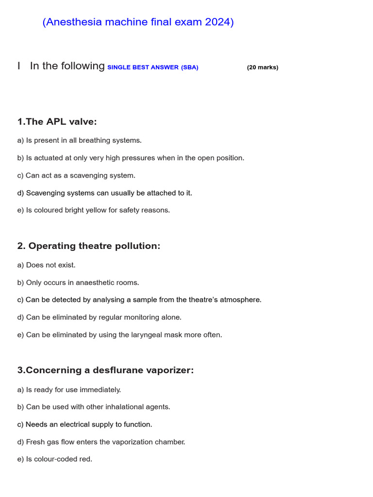 Anesthesia Machine Exam Questions 2024 | PDF | Respiration