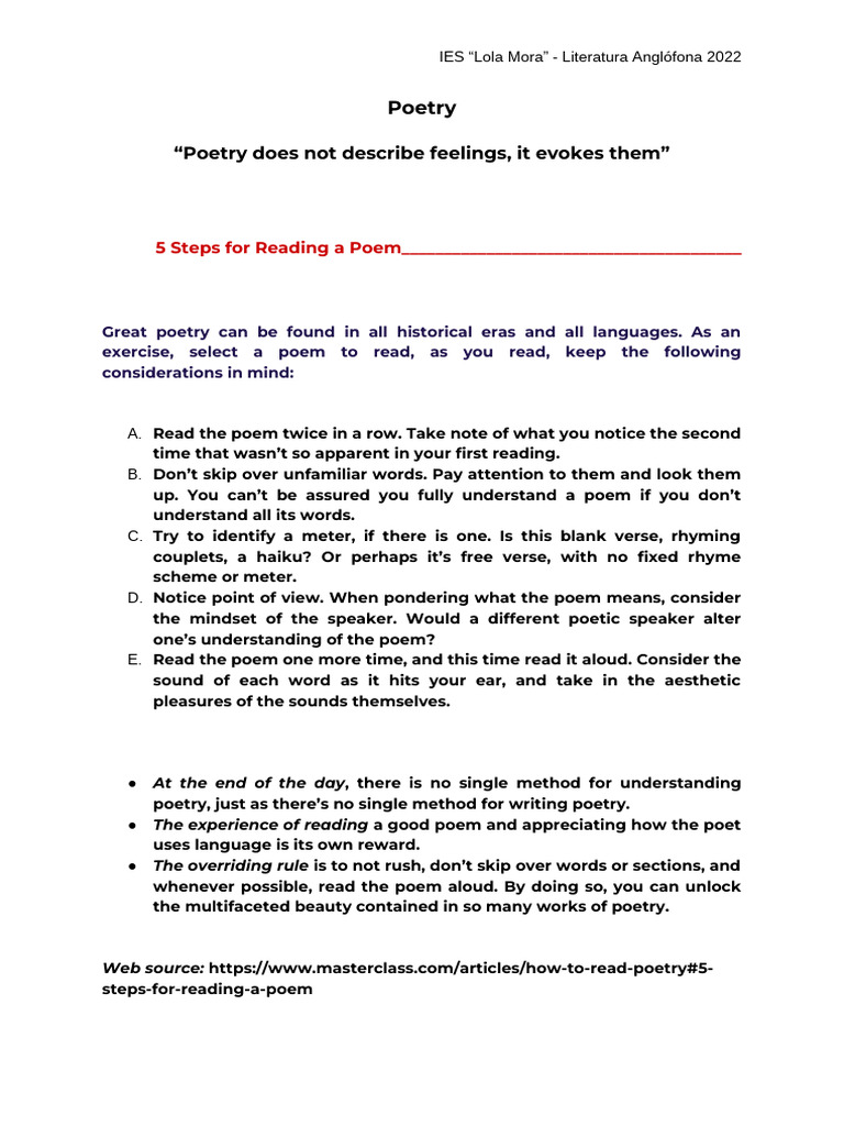 Steps To Read Poetry | PDF
