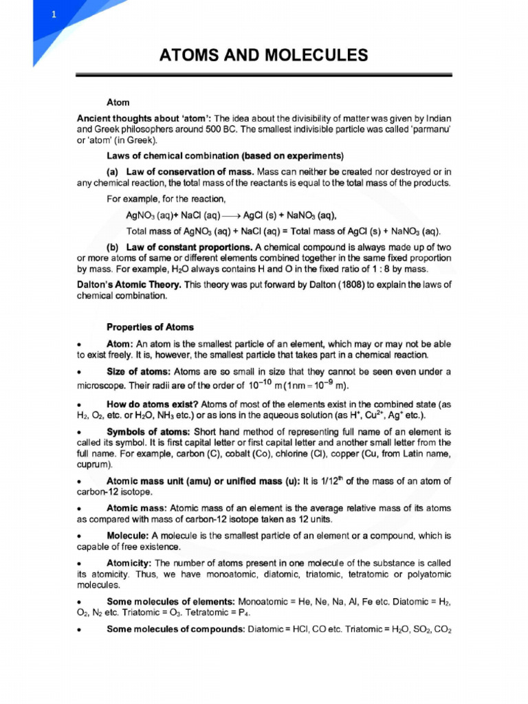 Atoms and Molecules Quick Revision | PDF