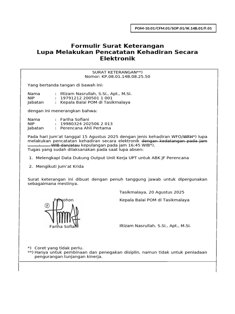 Surat Keterangan Lupa Absen Elektronik | PDF