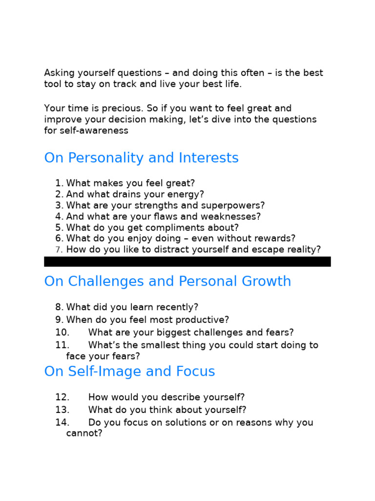 Self-Awareness Questionnaire for Students | PDF | Self Awareness ...