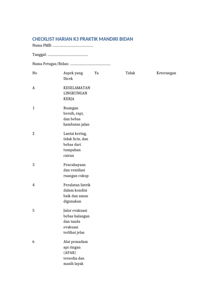 Checklist Harian K3 untuk Bidan | PDF