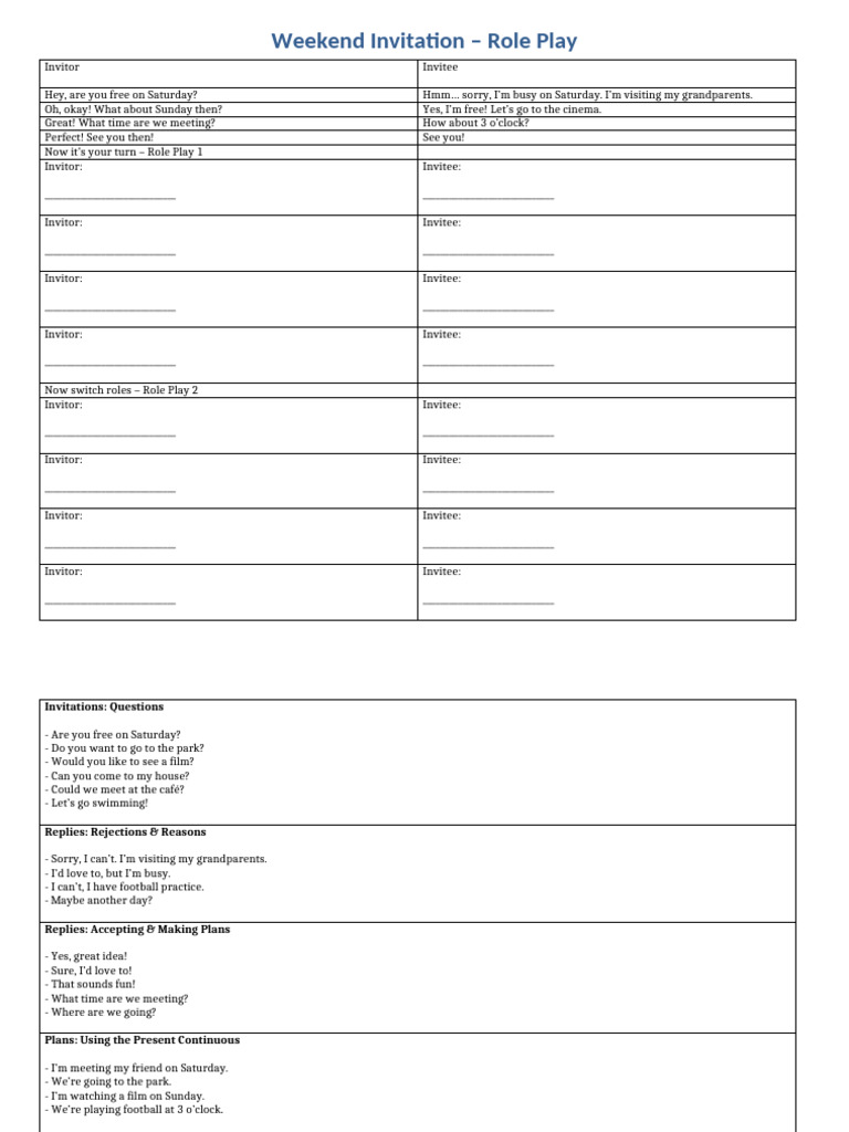 Weekend Invitation Role Play Landscape | PDF