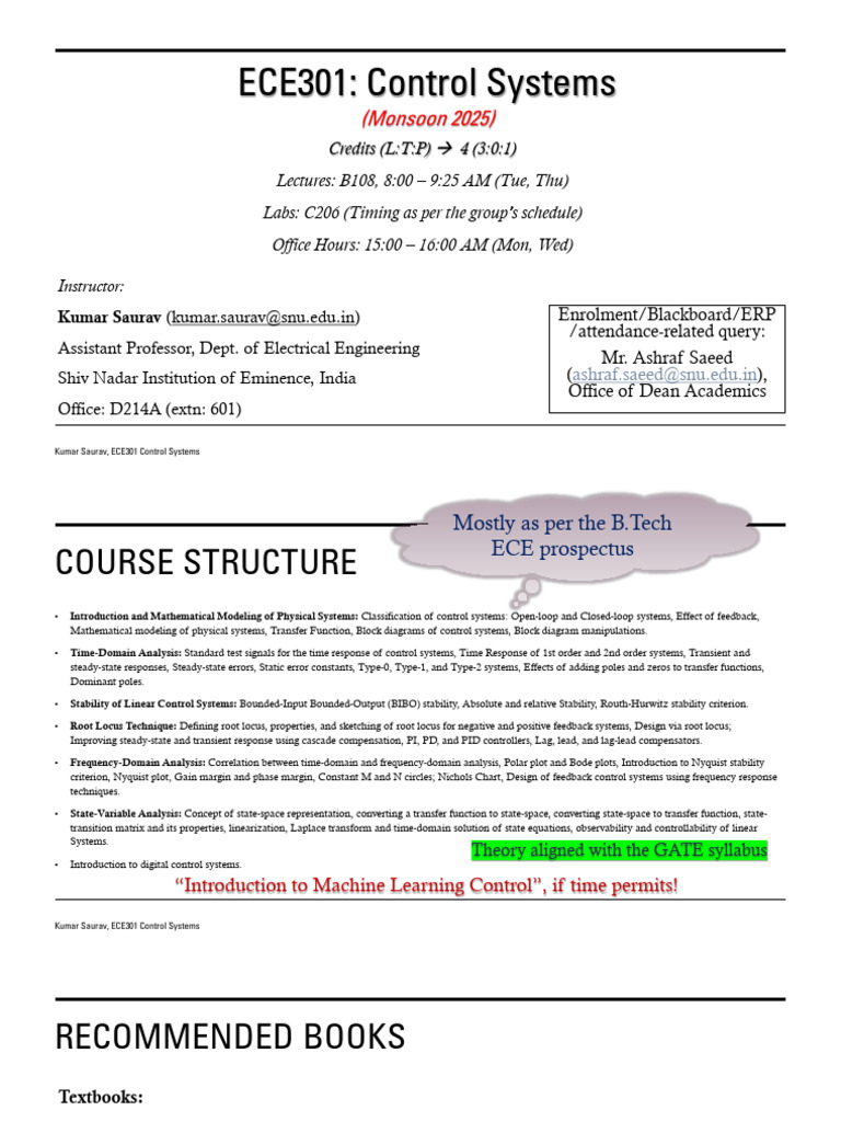 Lec 1 - Introduction To ECE301 Control Systems | PDF | Feedback | Control Theory