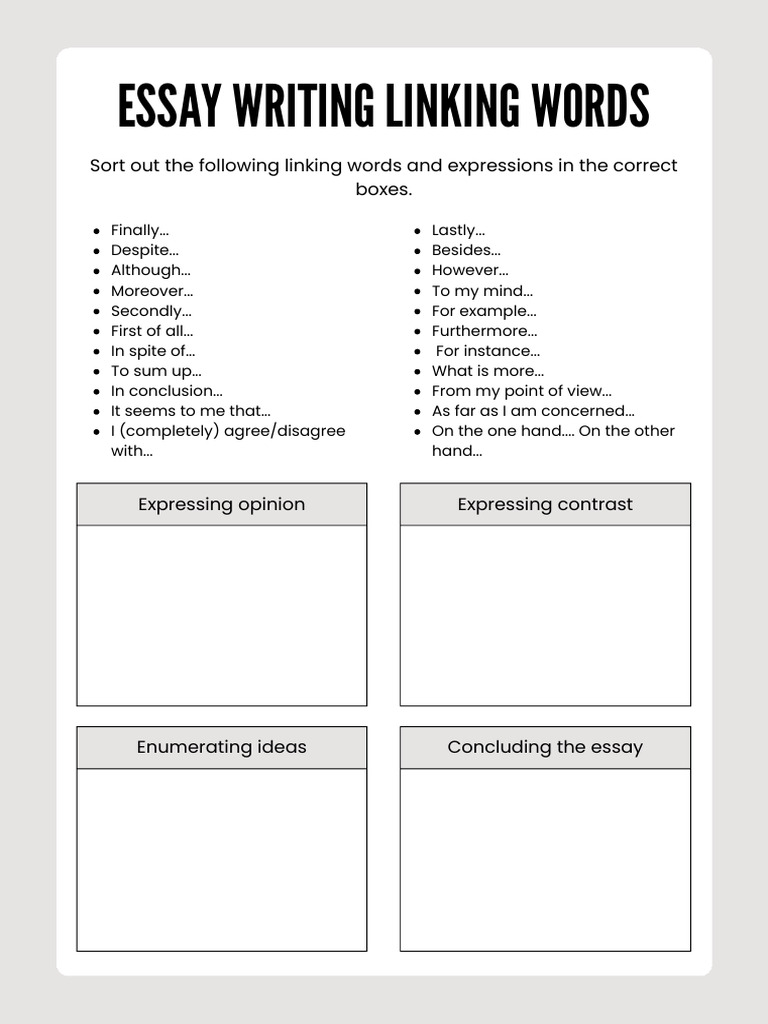 Opinion Essay Linking Words Worksheet in Black and White Minimalist ...