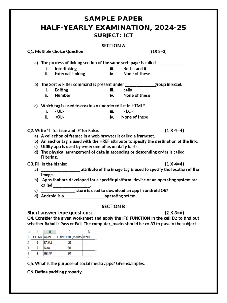 ICT Half-Yearly Exam Sample Paper 2024 | PDF | Html Element | Software ...