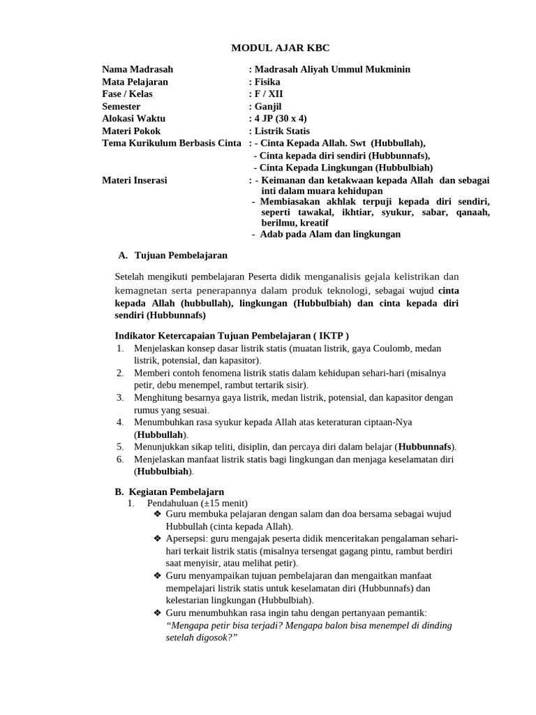 Modul Ajar Fisika: Listrik Statis Kelas XII | PDF