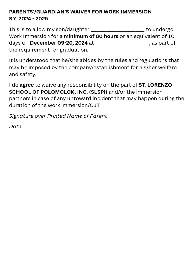 Parents'Guardian's Waiver For Work Immersion S.Y. 2024 - 2025 | PDF
