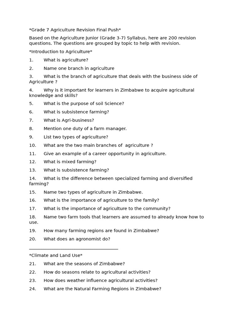 Grade 7 Agriculture Revision Guide | PDF | Soil | Plant Nutrition