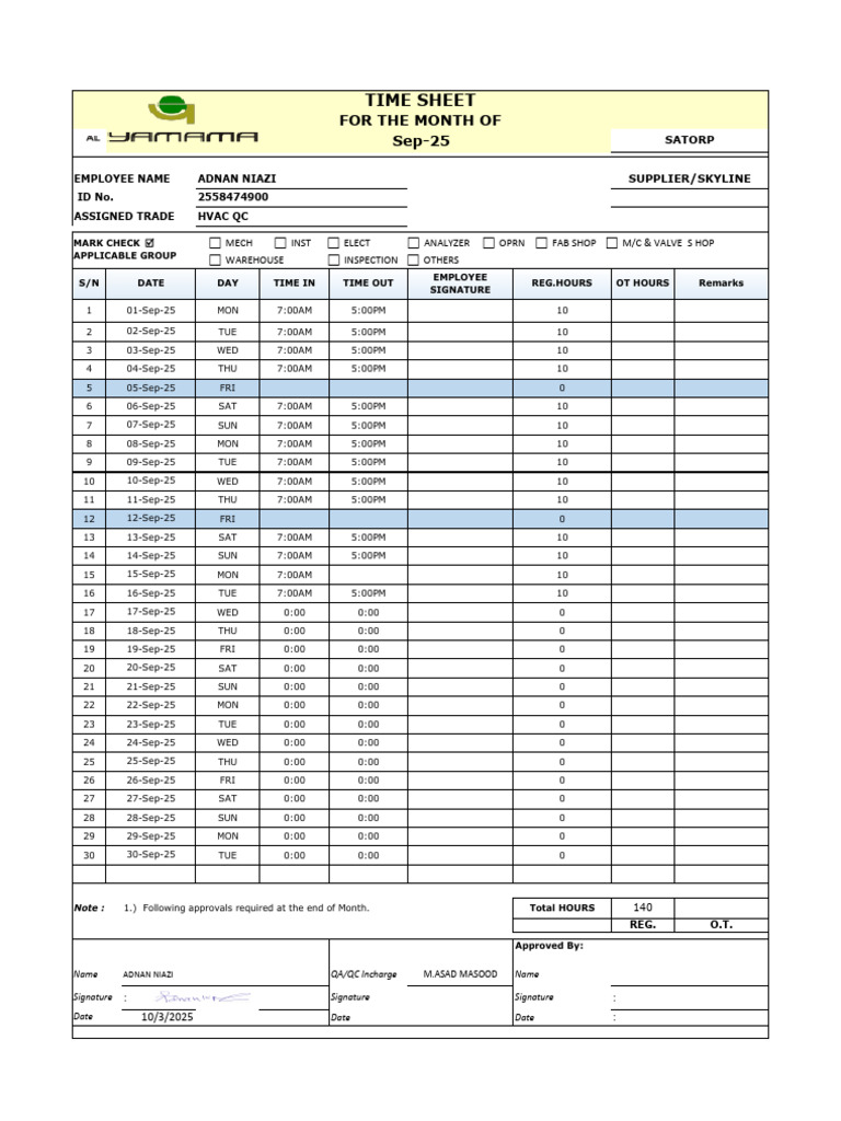 Time Sheet September-25 | PDF