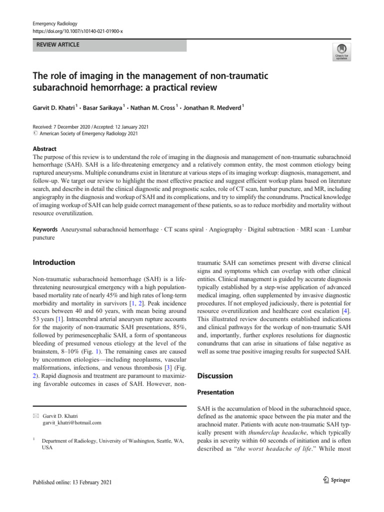 Imaging for Non-Traumatic SAH Management | PDF | Medical Imaging ...