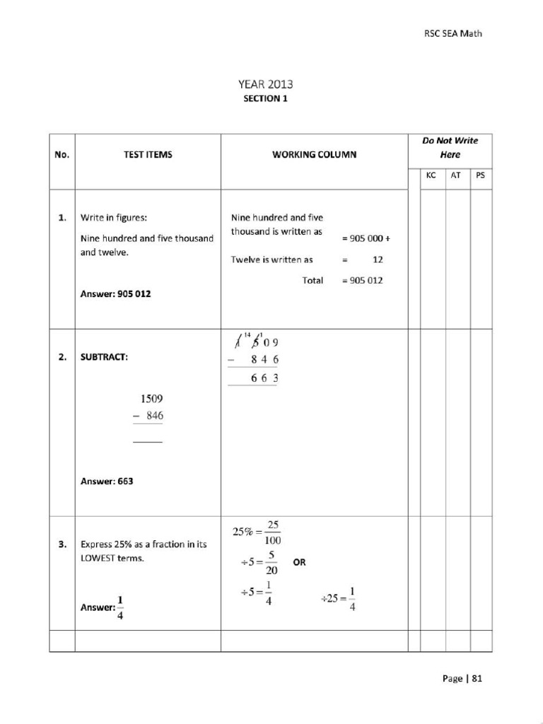 2013 SEA Mathematics Answers | PDF
