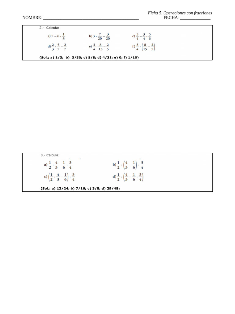 Ficha 5 Operaciones Fracciones | PDF