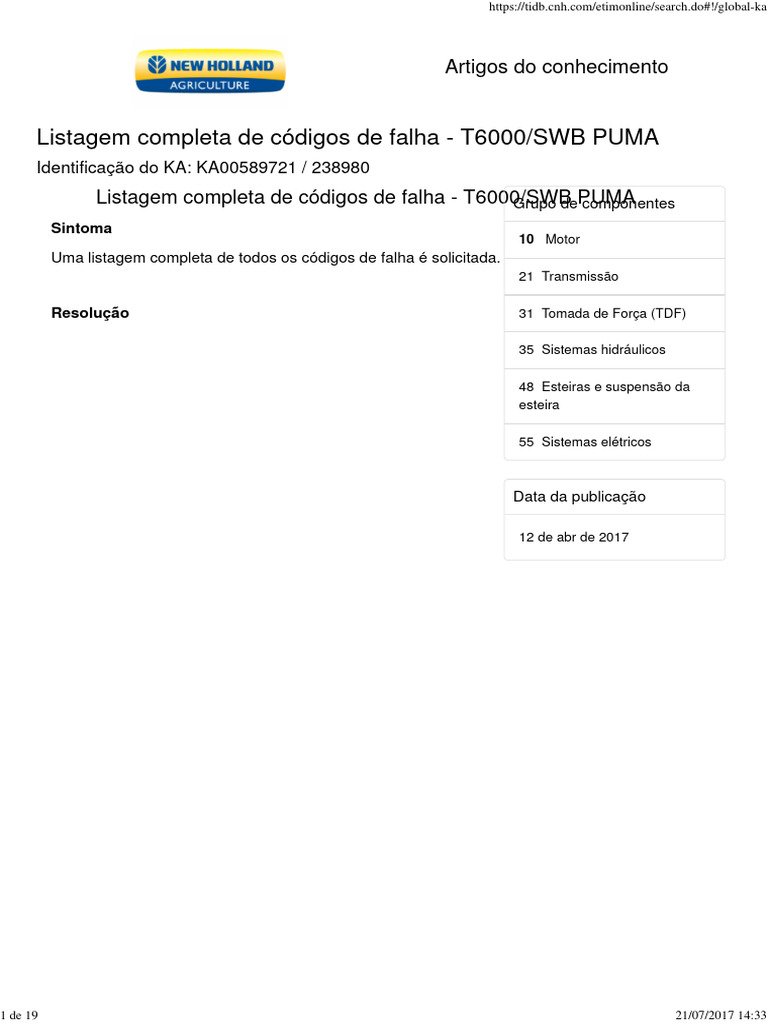 Códigos de Falha T6000/SWB PUMA | PDF | Engenharia Mecânica | Bens ...