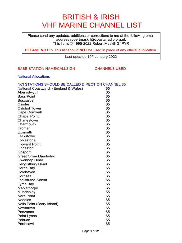 British & Irish VHF Marine Channels | PDF | Orkney | Cornwall