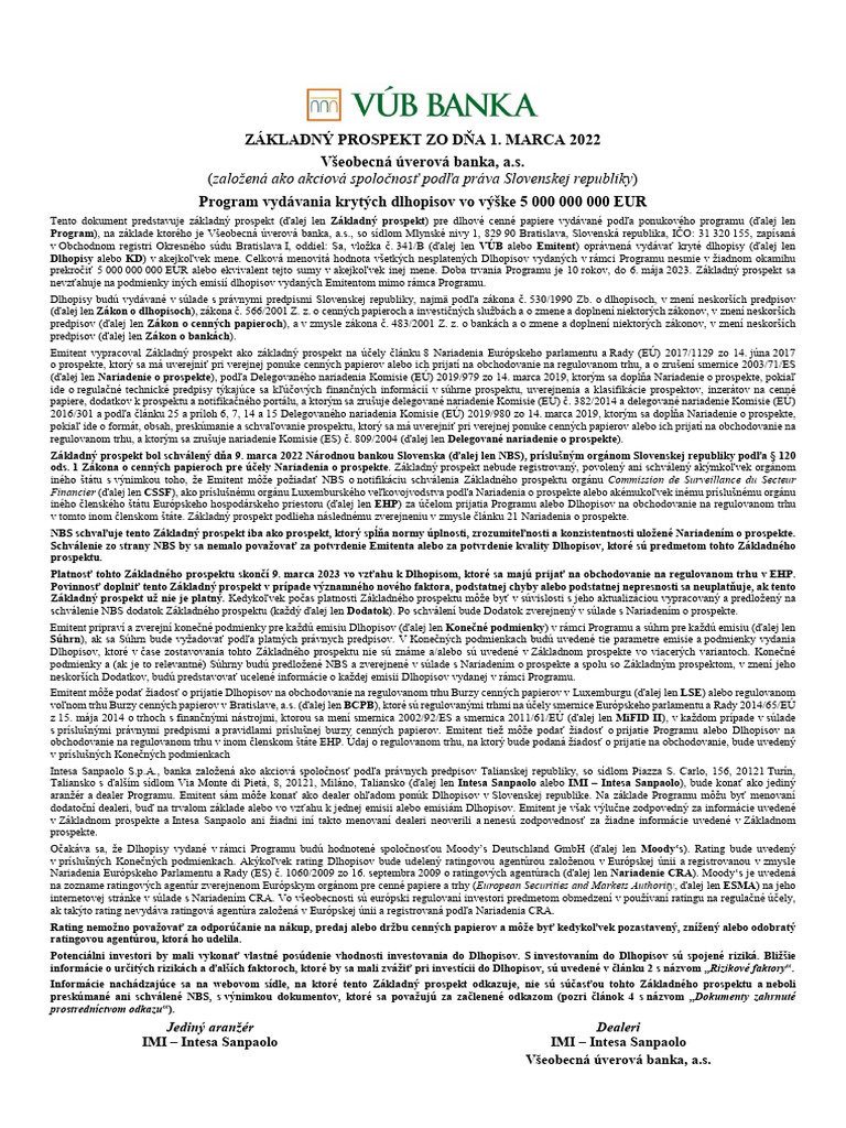 Vub CB 2022 Base Prospectus SK Final | PDF