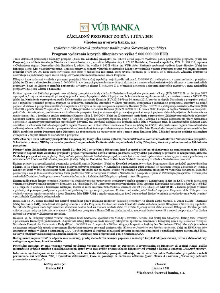 VUB CB - Base Prospectus 2020 (SK) - Final | PDF
