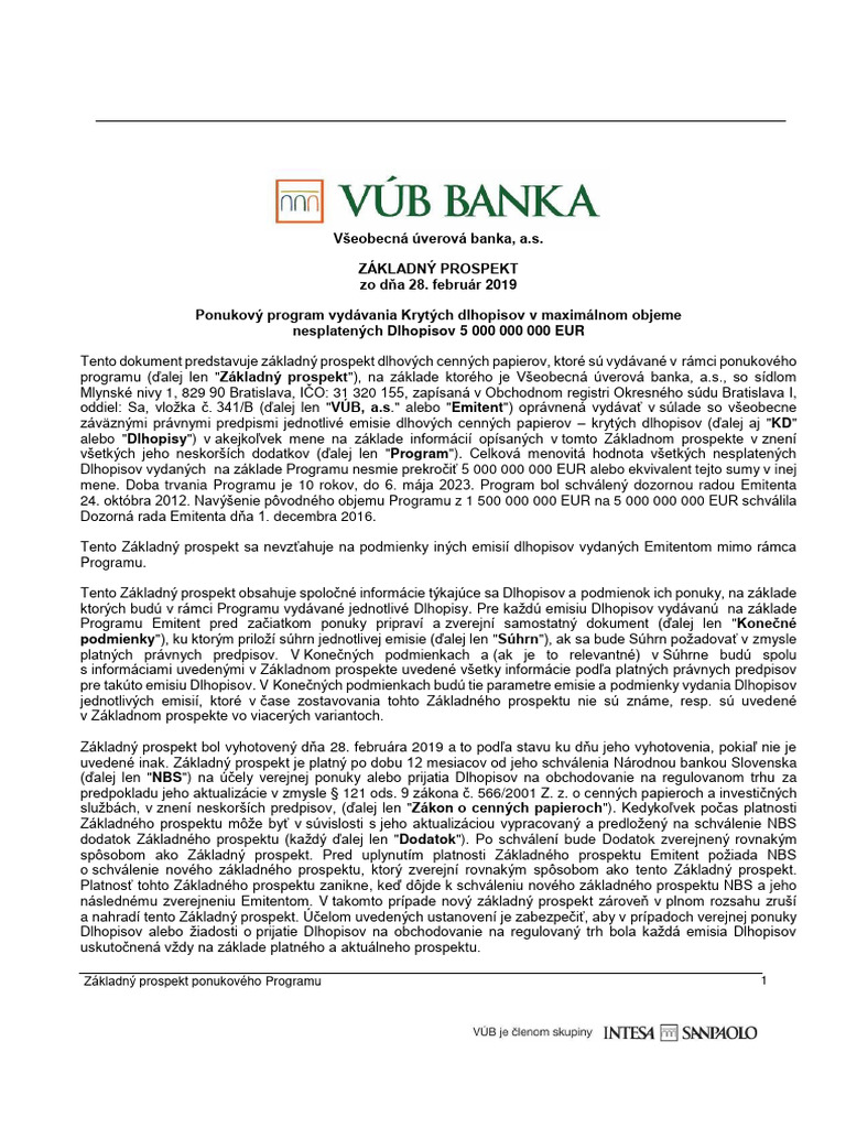 VUB CB - Base Prospectus 2019 (SK) - Final | PDF