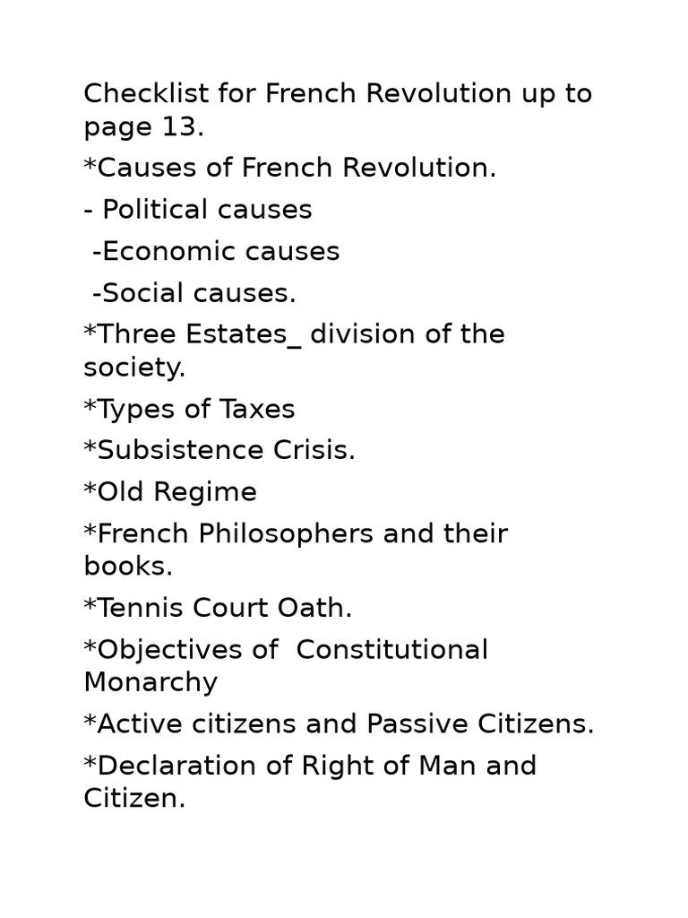 Checklist For French Revolution | PDF