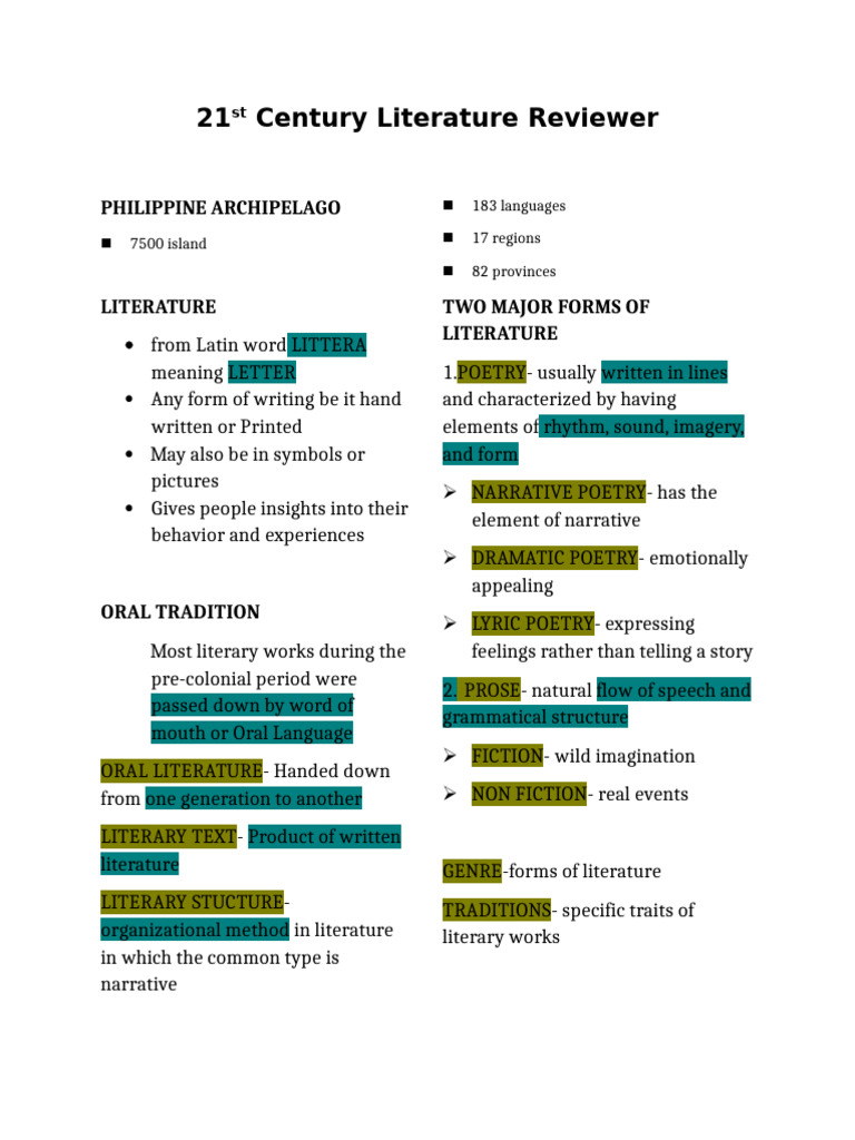 21st Century Literature Reviewer | PDF | Poetry | Philippines