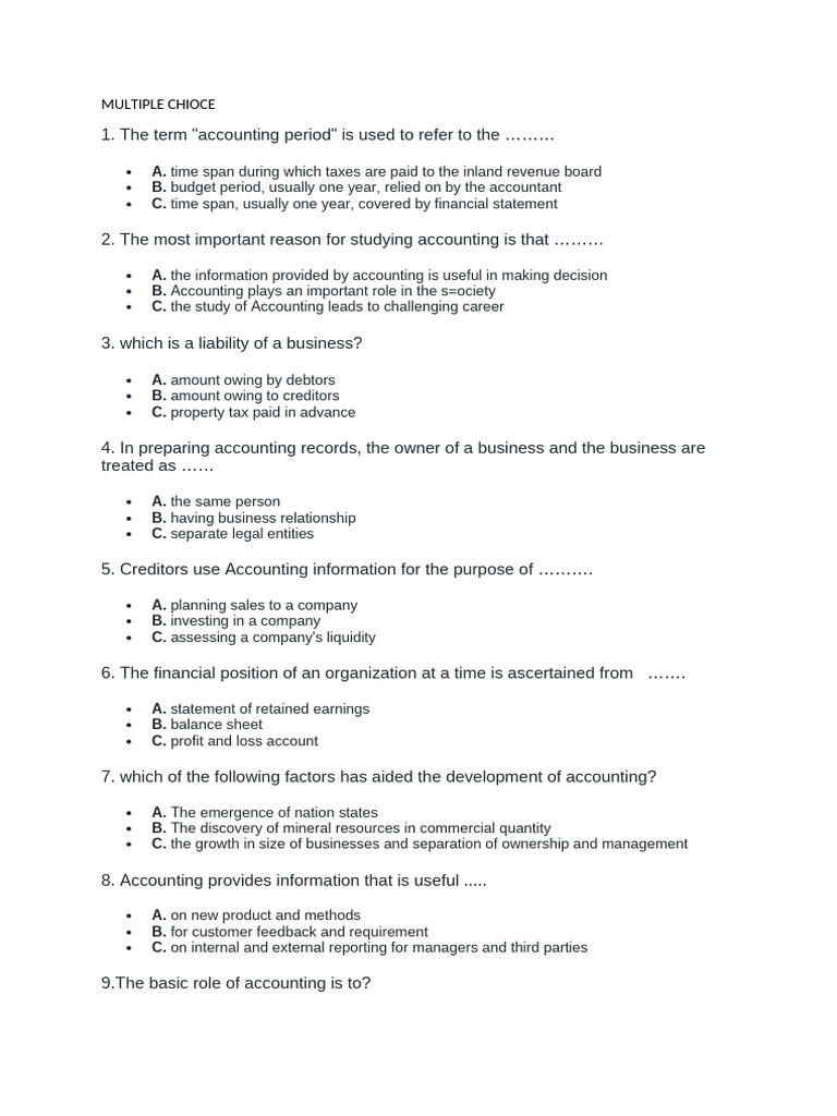 Accounting Basics: Multiple Choice Quiz | PDF | Debits And Credits | Money
