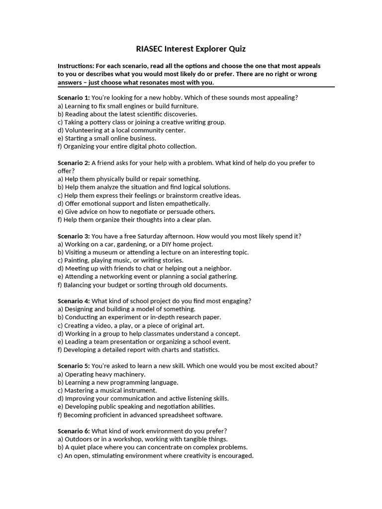 RIASEC Interest Explorer Quiz | PDF | Learning | Leadership